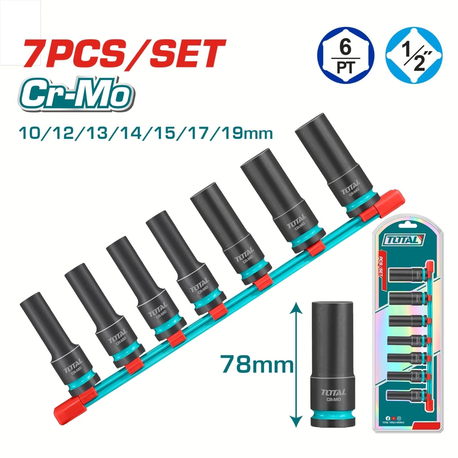 Dados Socket De Impacto ½” 10-19Mm 78Mm Cr-Mo Tratamiento Térmico. Set