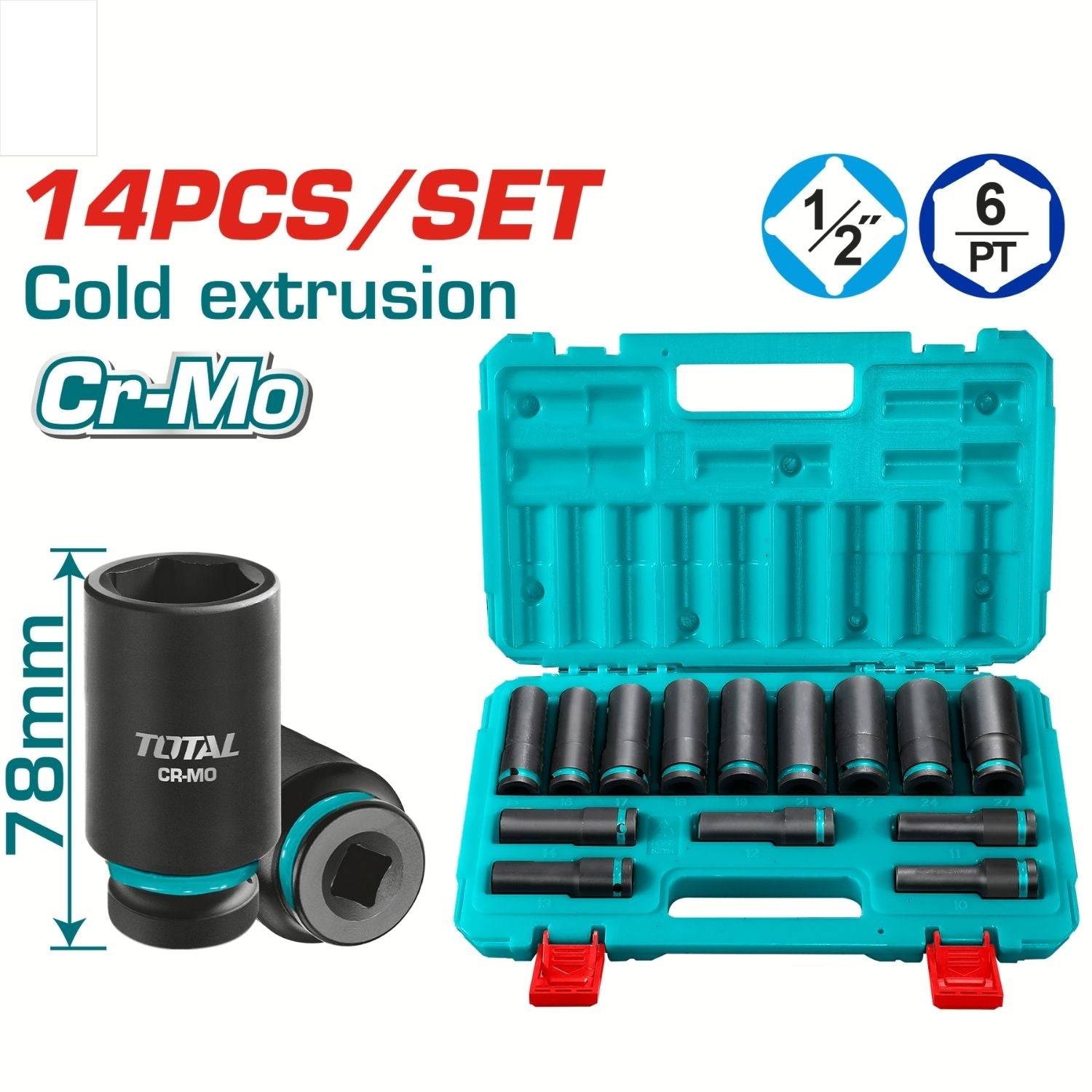 Dados Socket De Impacto 1/2 “10-27Mm Long 78Mm Cr-Mo Set 14 Piezas
