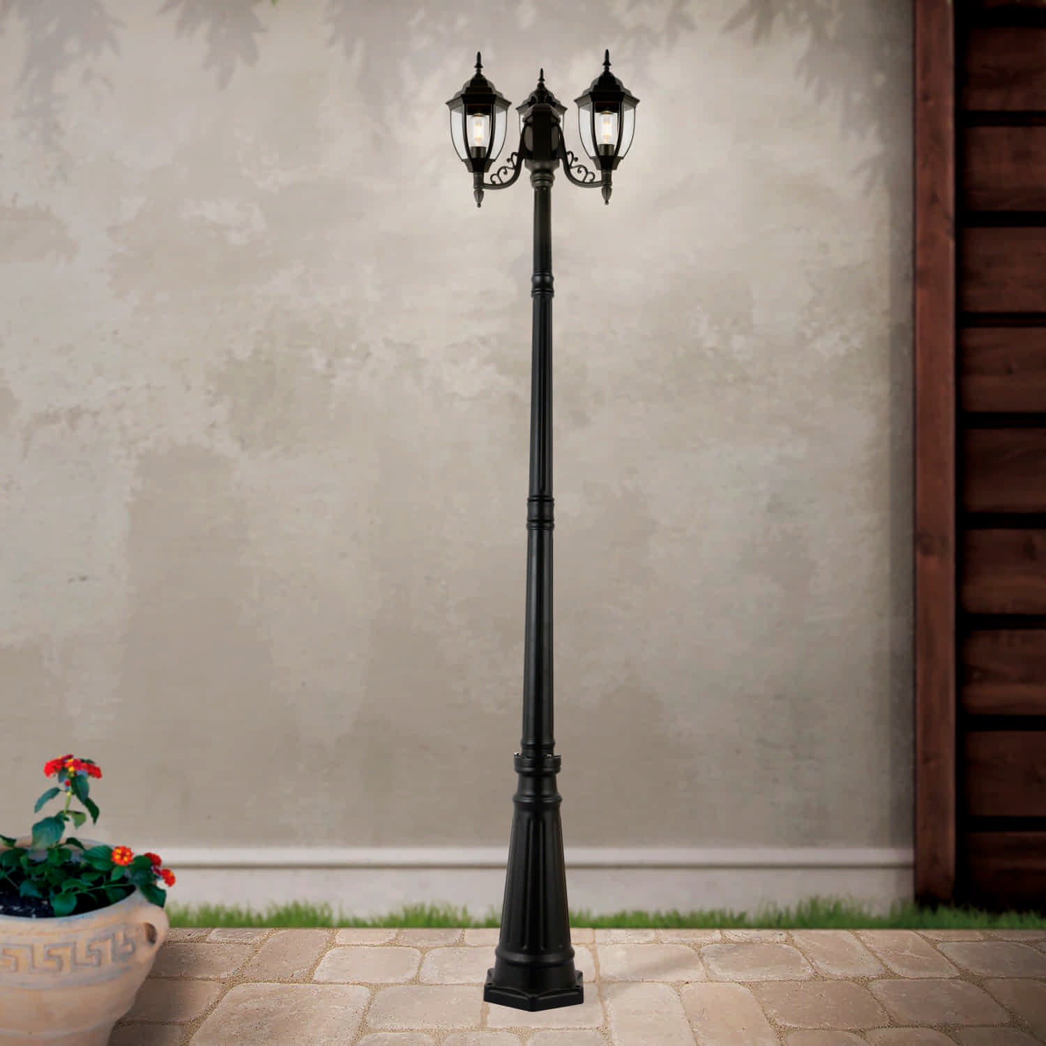 Lámpara Exterior De Poste Tipo Farol Negro 3XE27 650X2300mm Ideal Para