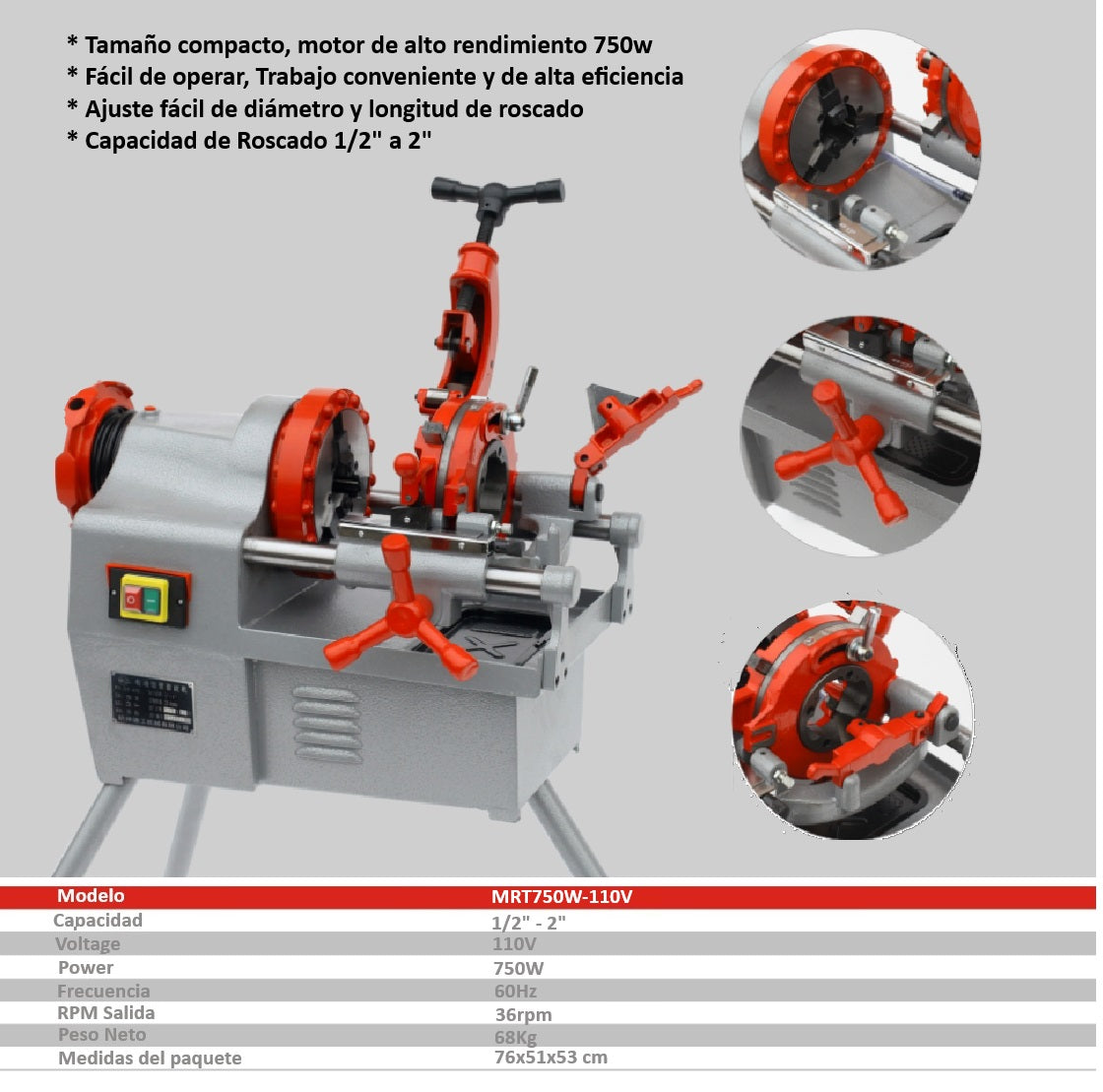Máquina Roscadora De Tubo Automática 1/2" A 2" 750W/110V-60Hz 28Rpm