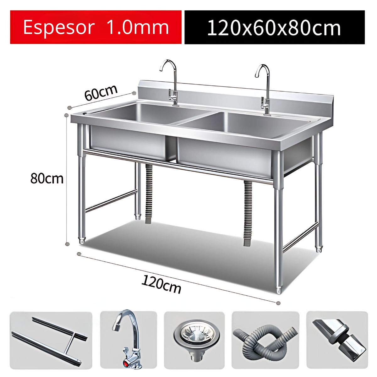 Fregador Tina Industrial Doble De 120X60x80 Cm. Acero Inoxidable 201.