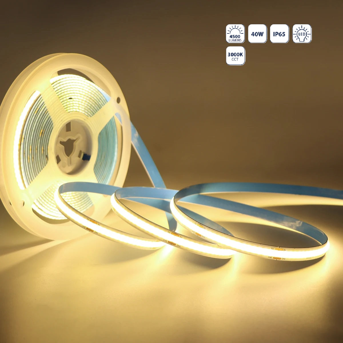 Cinta LED Exterior COB 5M 110V 3000K 40W 4500Lm PVC Flexible 2835 Chip