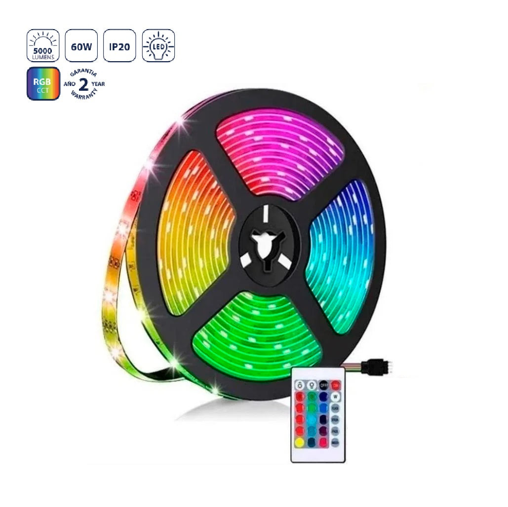 Cinta LED Interior 5M 12V RGB Con Control, 60W Y 5000 Lm, Incluye Tran