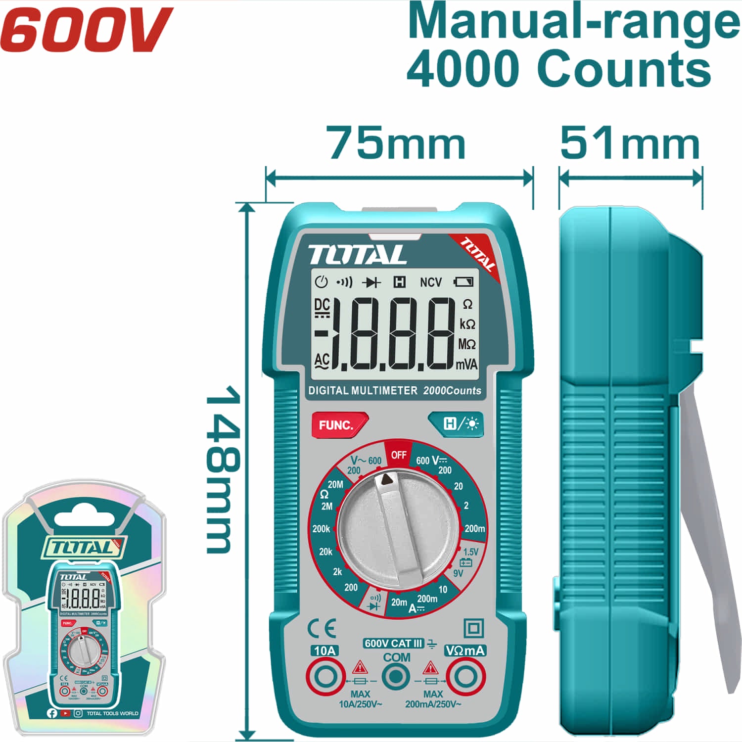 Multímetro Digital Rango Manual De 4000 Conteos. Con Retención De Dato
