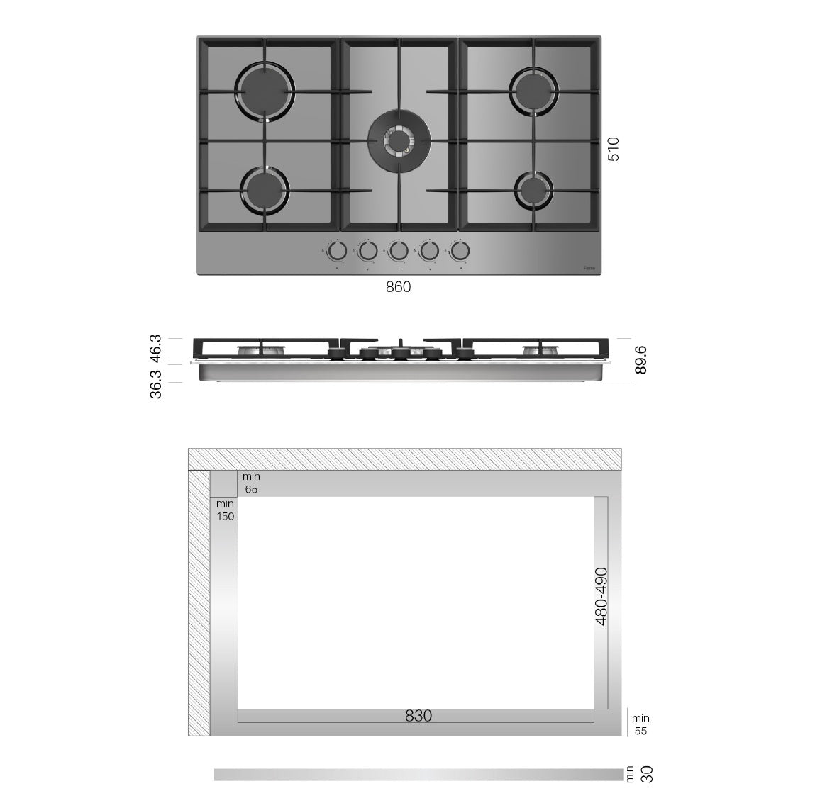 Estufa Empotrable 90 Cm Elite 5 Quemadores SABAF + Wok 5Kw, Acero Inox