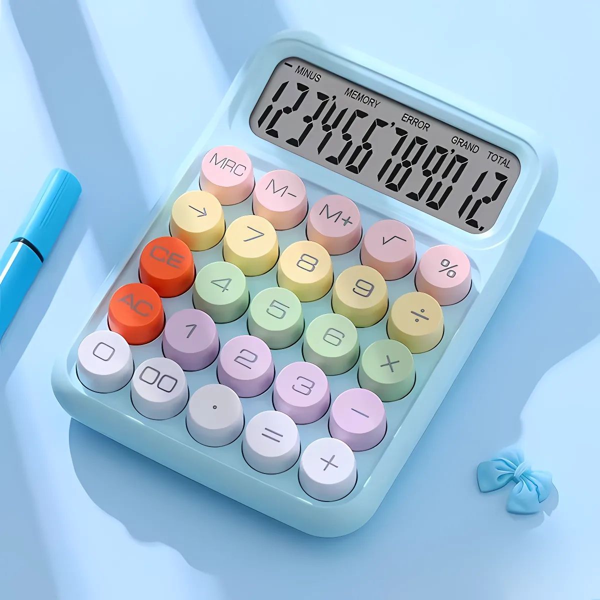 Calculadora De 12 Dígitos Con Números Grandes. Color Celeste.