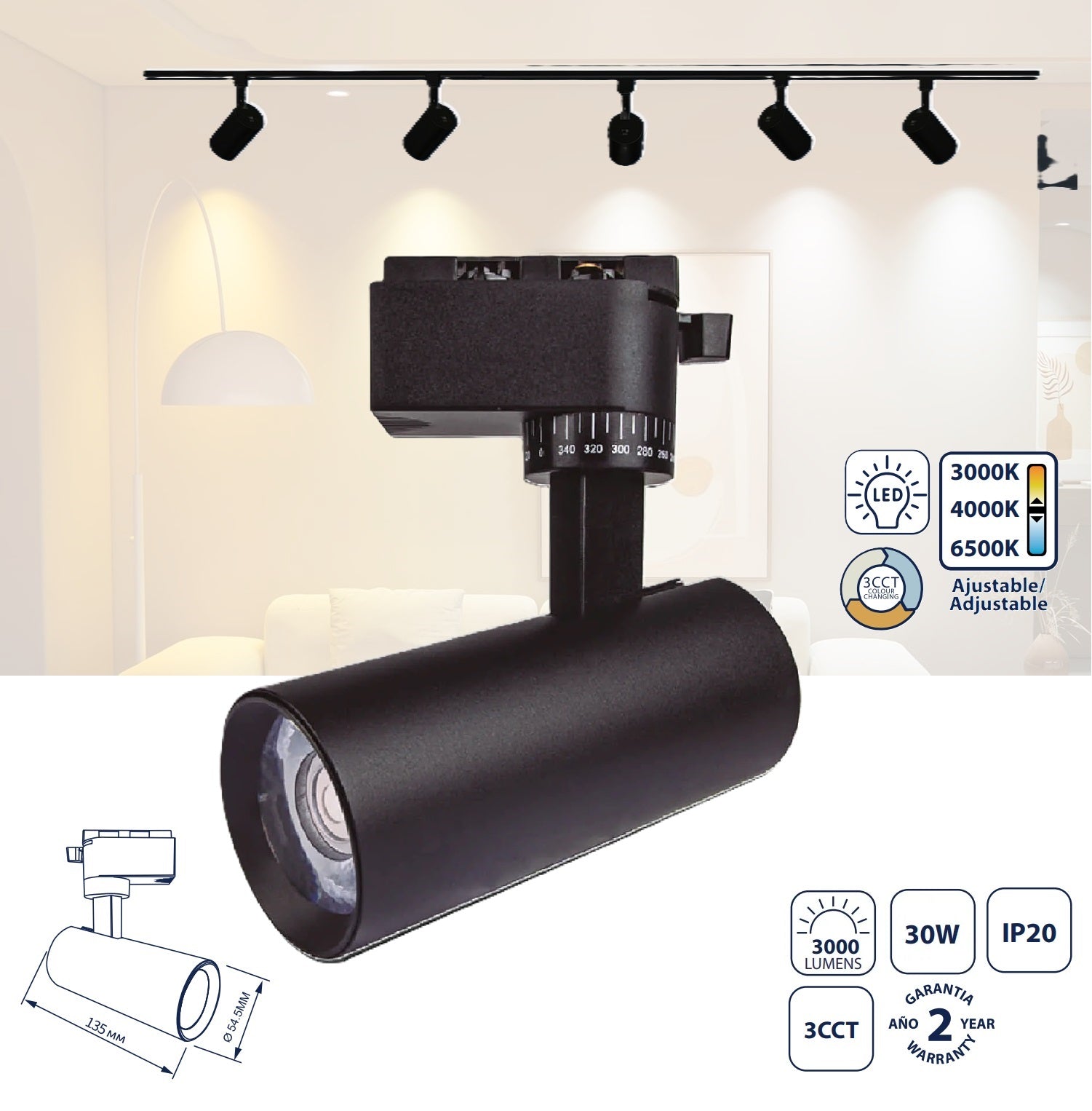 Lámpara De Riel LED 30W CCT 300Lm, Negro. Iluminación Cambiable Y Dise