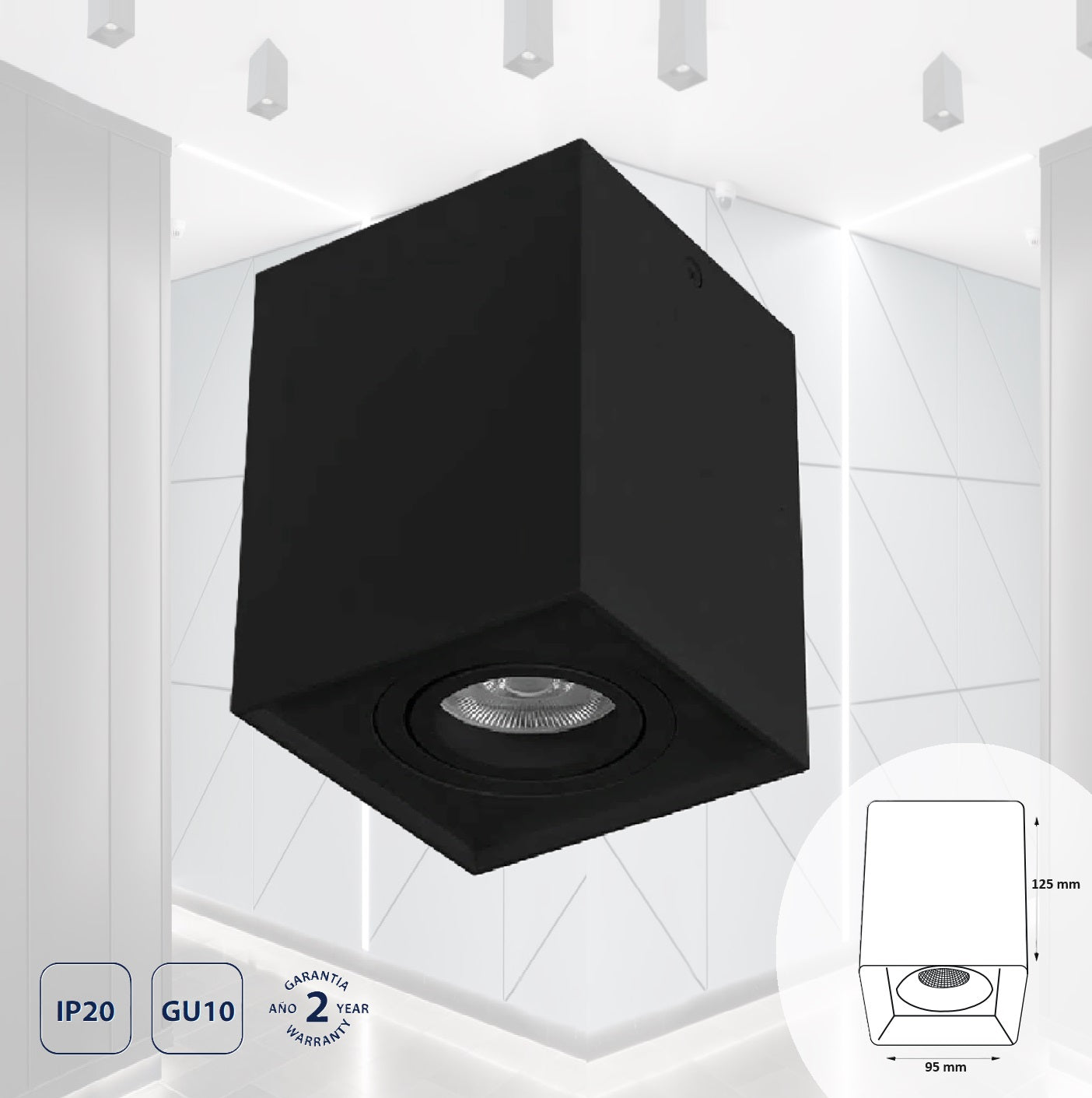 Lámpara De Techo 1XGU10 Superficie Negra Cuadrado. Diseño Simple. Idea