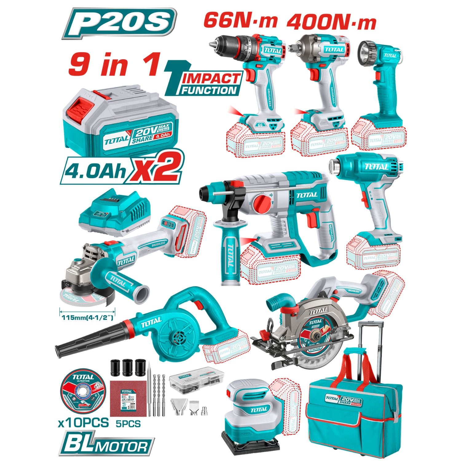 Big Combo Total 9 Herramientas 20V Inalámbricas Poderosas Y Potentes C
