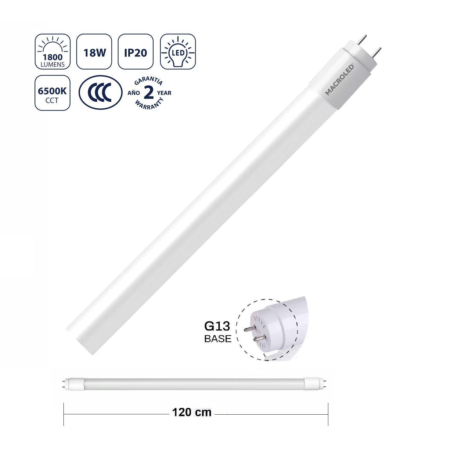 Tubo LED T18 18W 6500K Luz Fría, 1800Lm, Base G13 Ahorro Energético Y