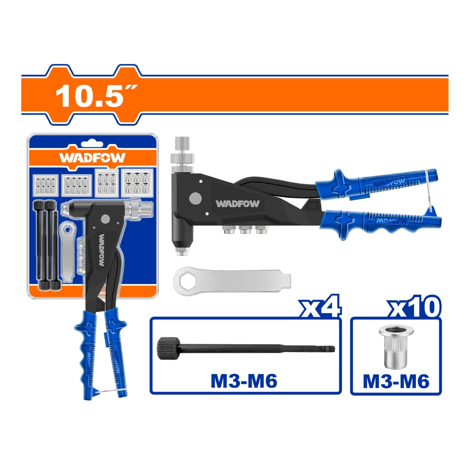 Remachadora Remaches Con Rosca De 10.5" Con Llave, Mandriles Y Tuercas