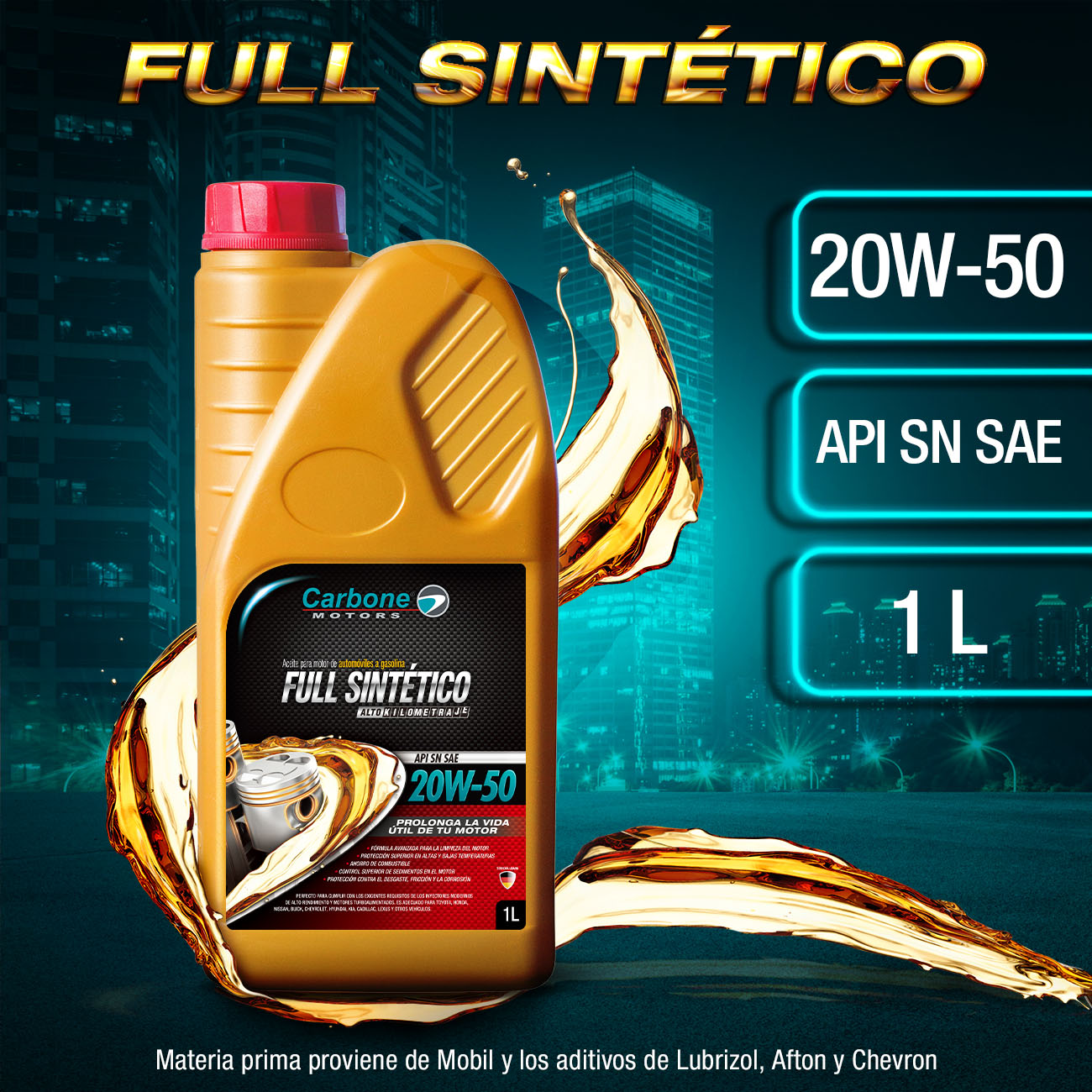 ACEITE DE MOTOR 20W-50 API SN SAE FULL SINTETICO PARA CARROS MOTORES A