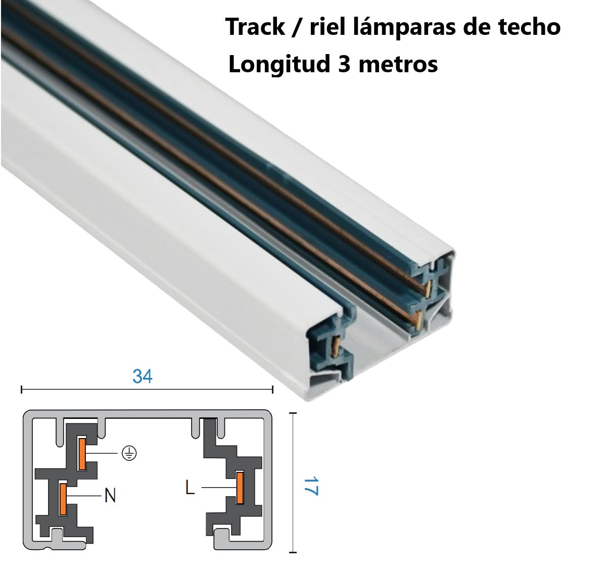 Riel Track 3 Metros Long 3 Cables Para Sistema De Lamparas Colgantes,
