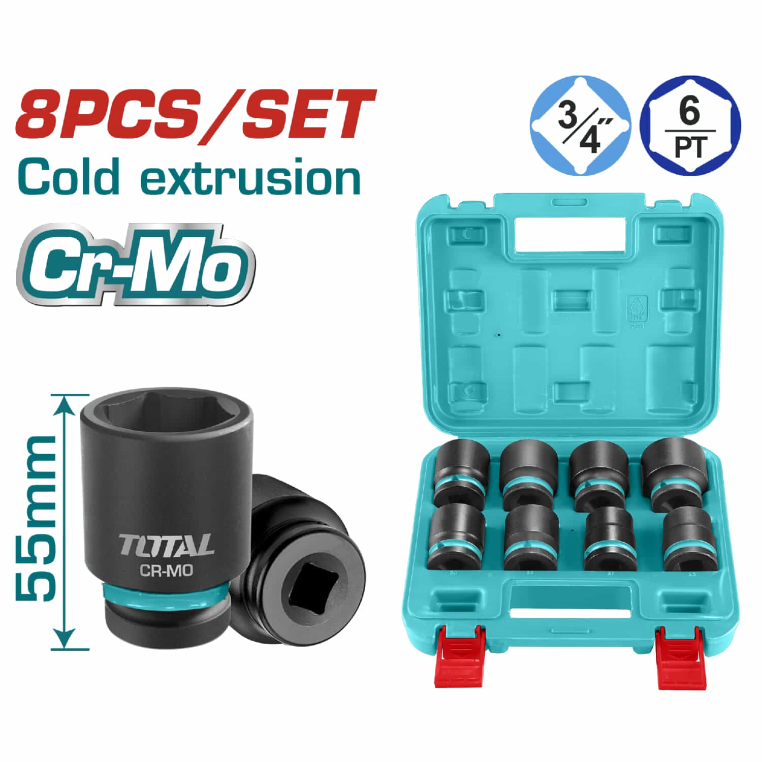 Dados Socket De Impacto De 3/4”. Set De 8 Piezas. Largo: 55 Mm. Crmo.