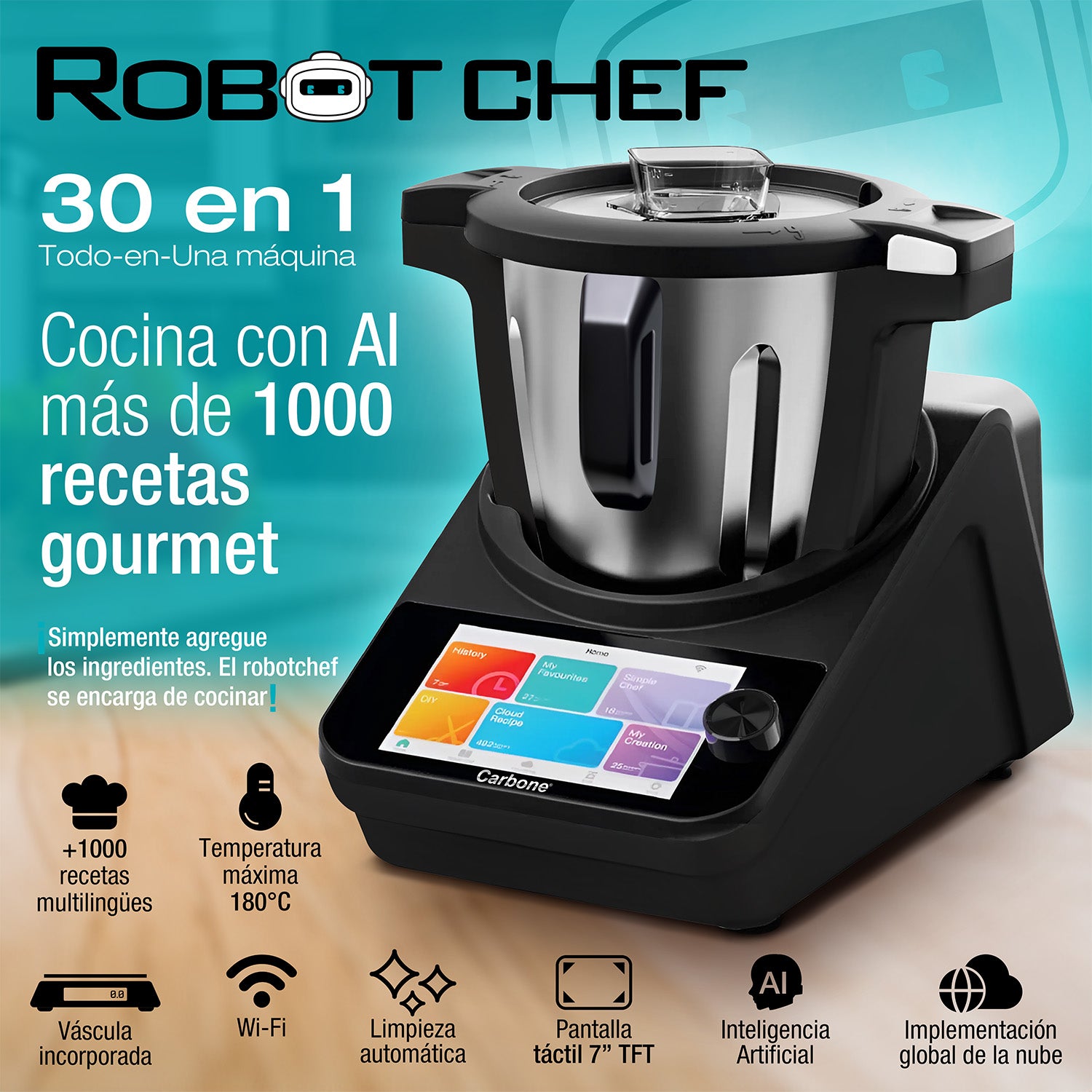 Robot De Cocina Inteligente 3L Robot Chef Carbone 30 En 1. Cocina 1000