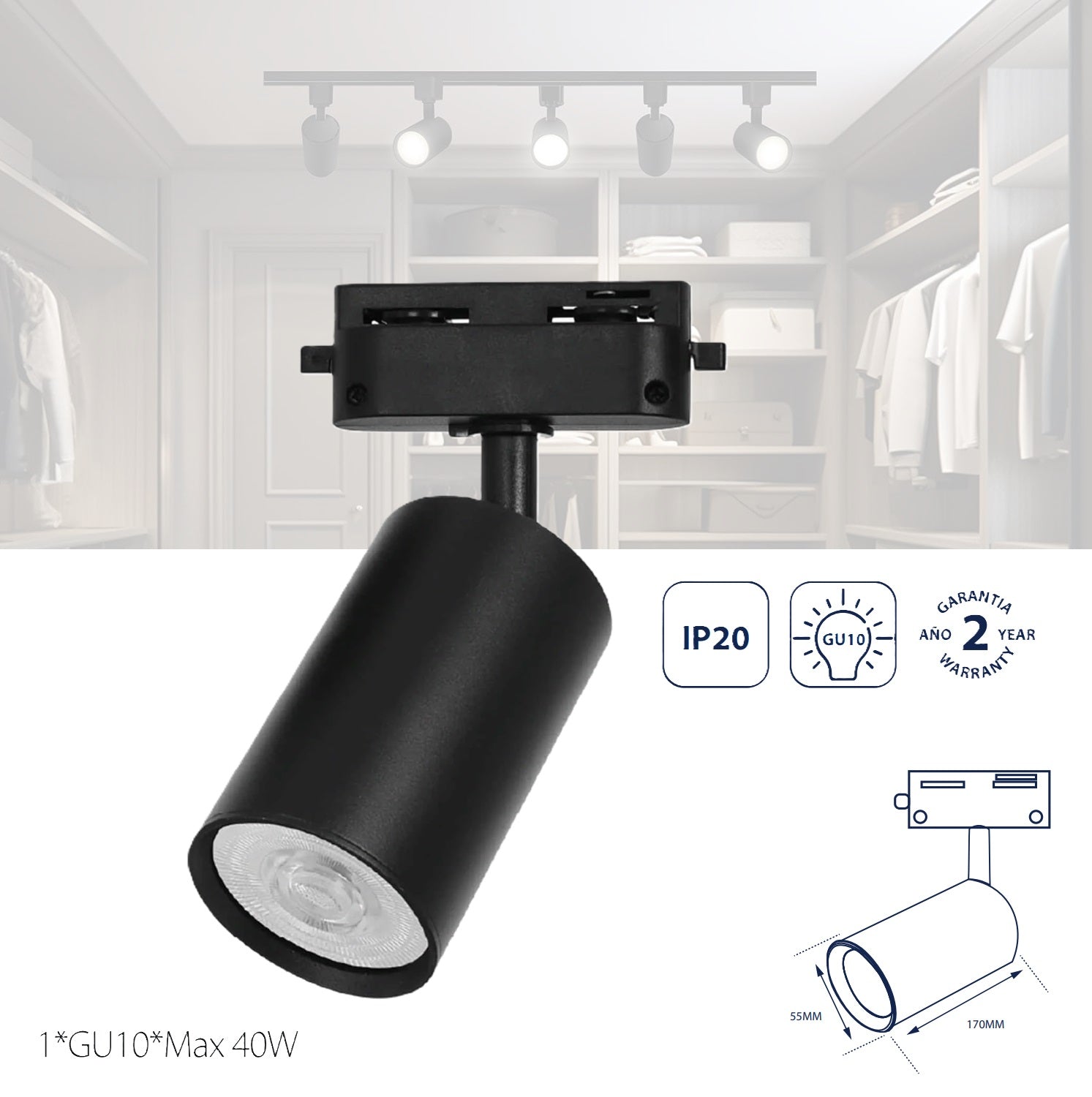 Lámpara De Riel 1Xgu10 Negro. Iluminación Y Diseño Atractivo. Foco De