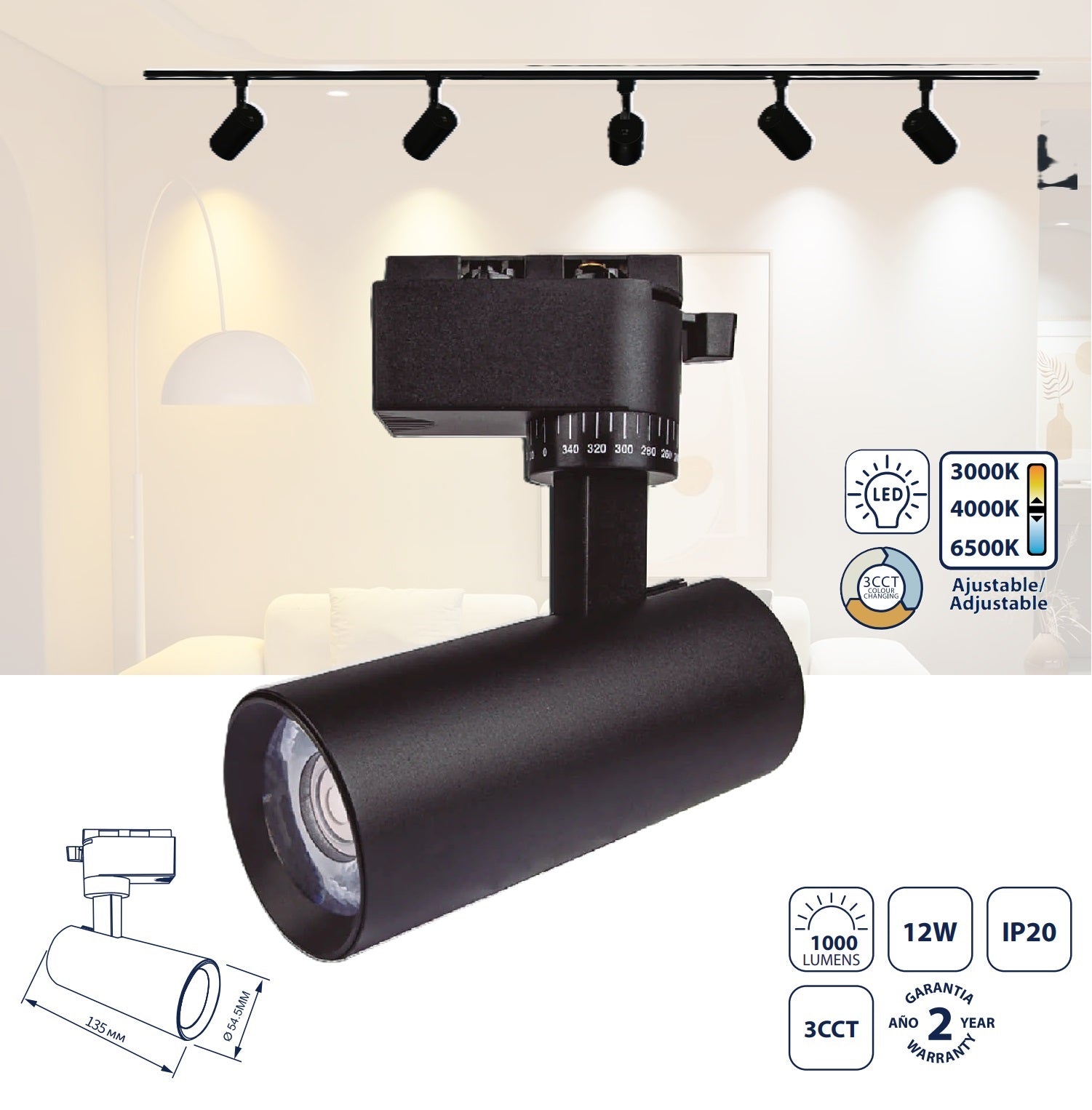 Lámpara Spot LED De Riel 12W CCT 100Lm, Negro. Iluminación Cambiable Y