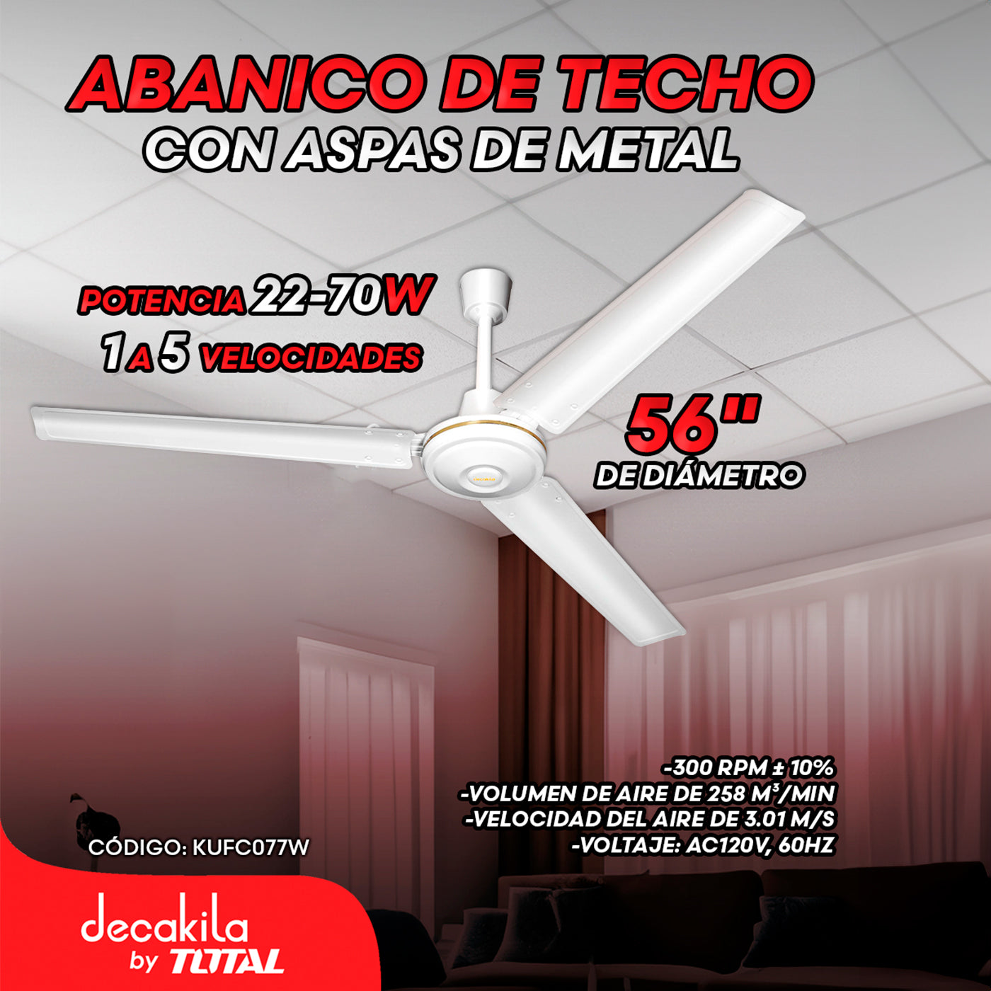 Abanico De Techo 56" Diámetro Potencia 22-70W 1 A 5 Velocidades. Aspas