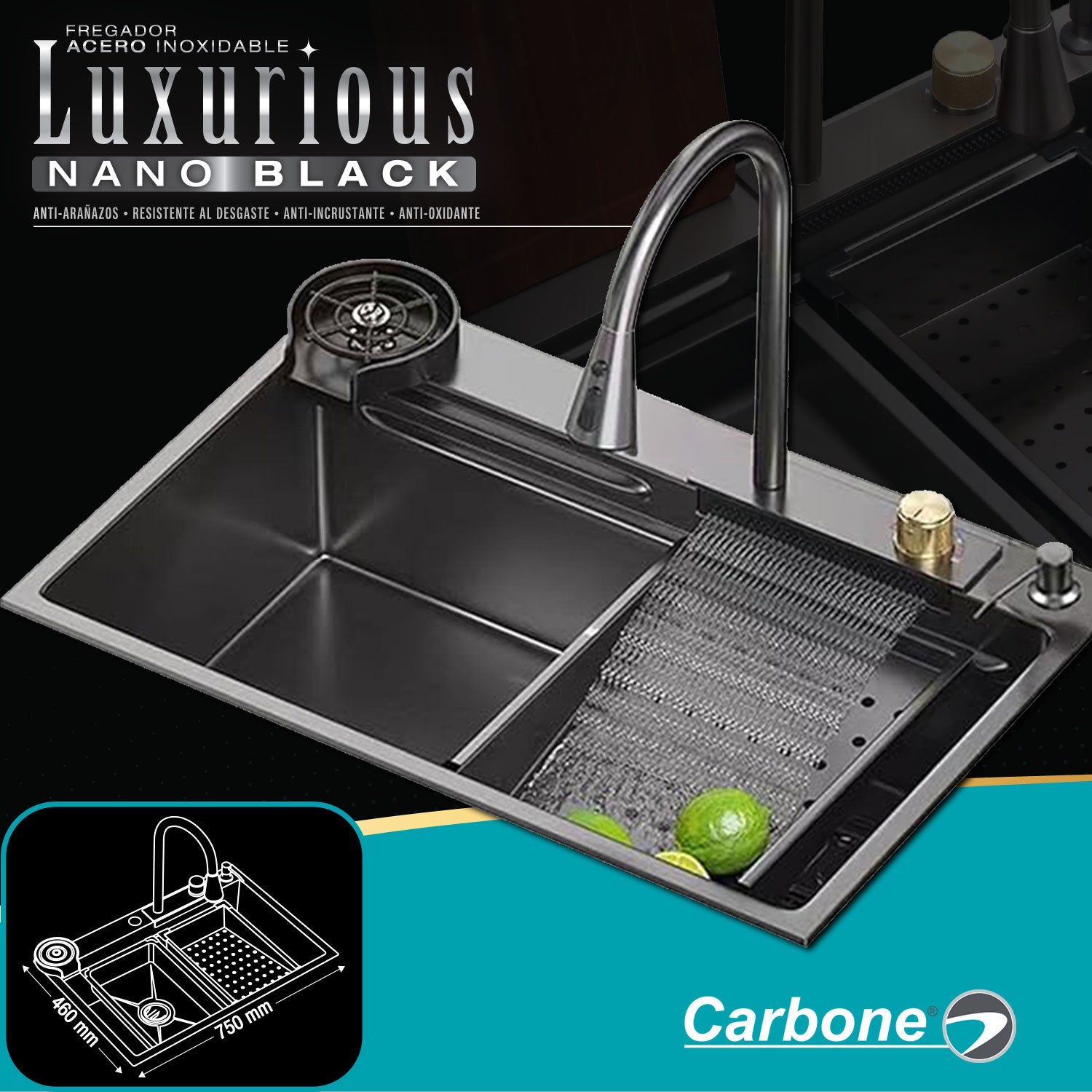 Fregador De Cocina Sencillo Con Accesorios 750X460x220mm Negro Plomo F