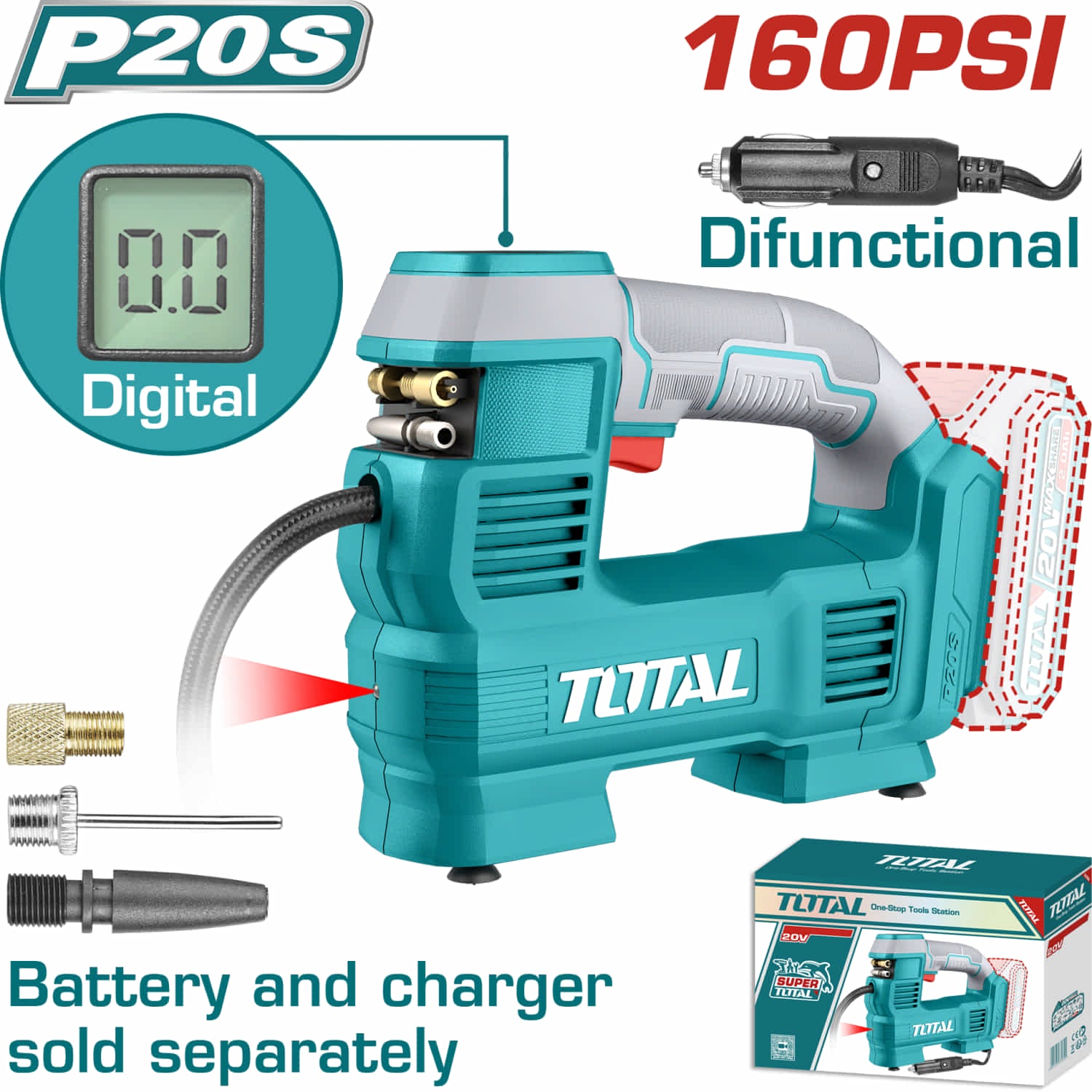 Compresor De Aire Inalámbrico Automático 20V Con Luz LED, Pantalla Dig