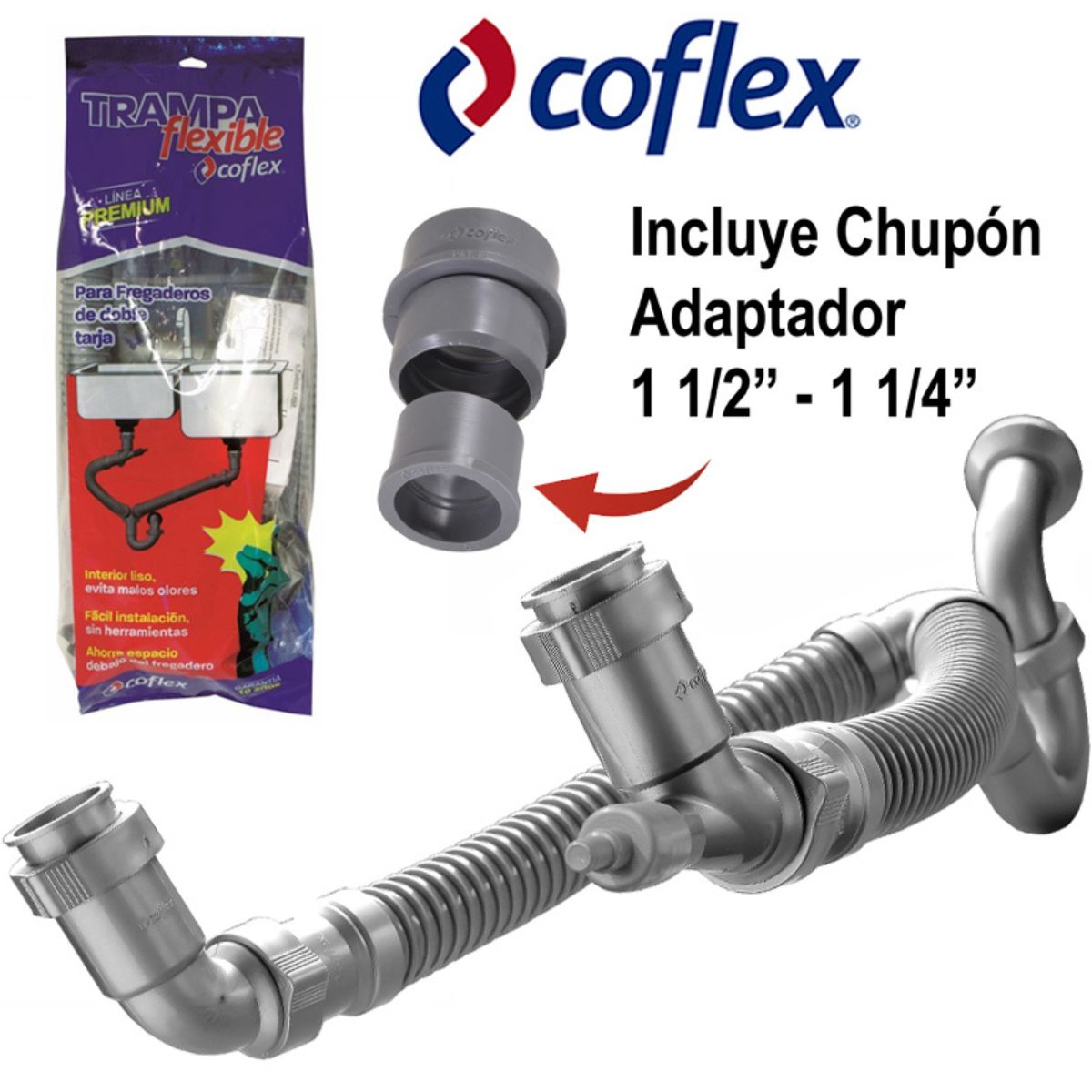 TRAMPA DESAGUE FREGADOR (6) "COFLEX" DOBLE FLEXIBLE 1 1/2" Adapt 1 1/4