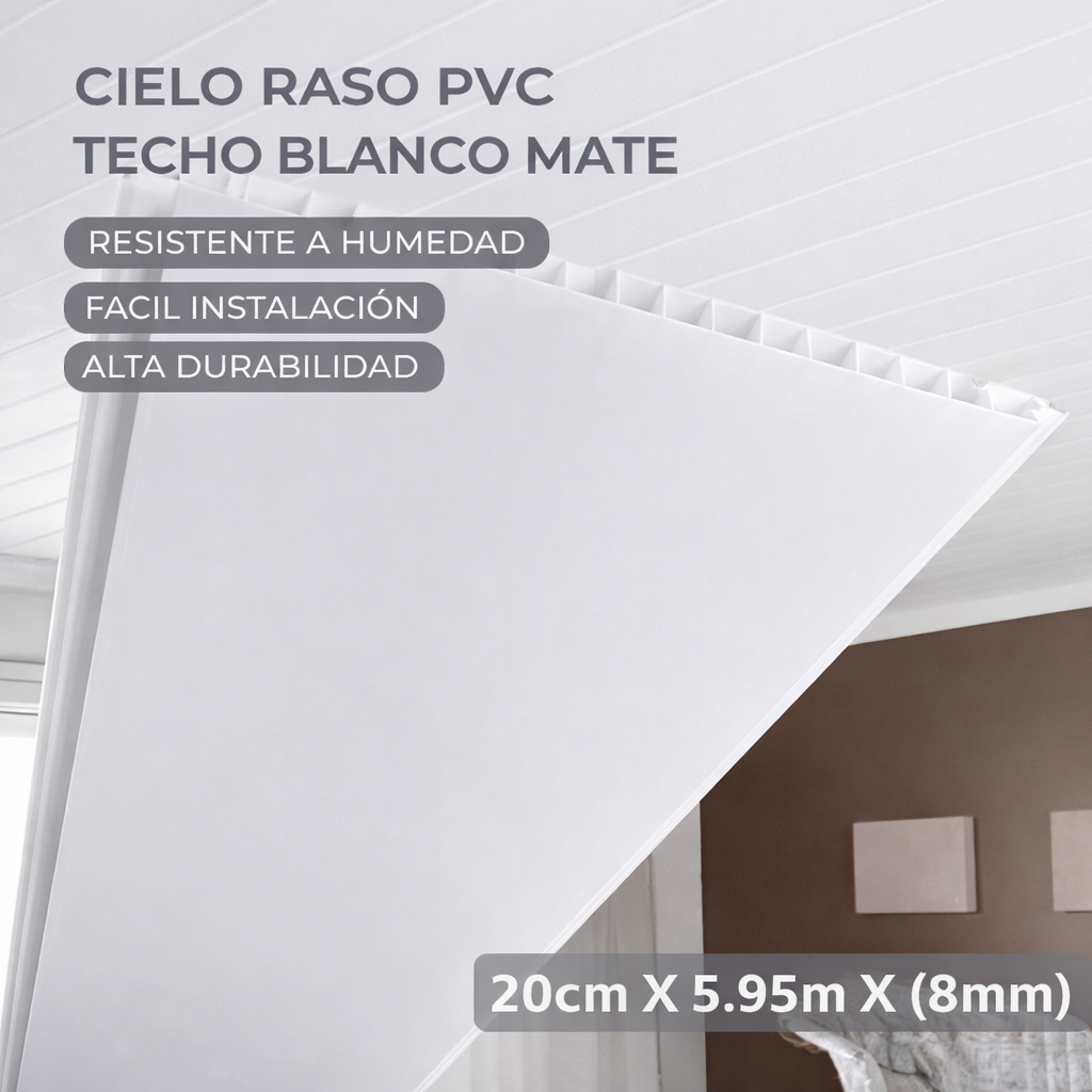 Cielo Raso PVC Techo Blanco Mate Panel 20Cm X 8Mm X 5.95M Resistente A