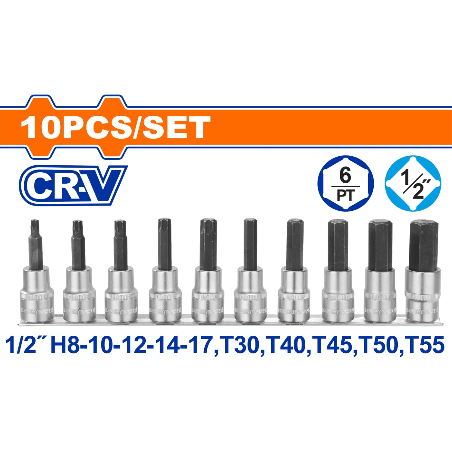 Dados Socket De Puntas Hexagonales Y Torx 1/2". Set De 10 Piezas. Cr-V
