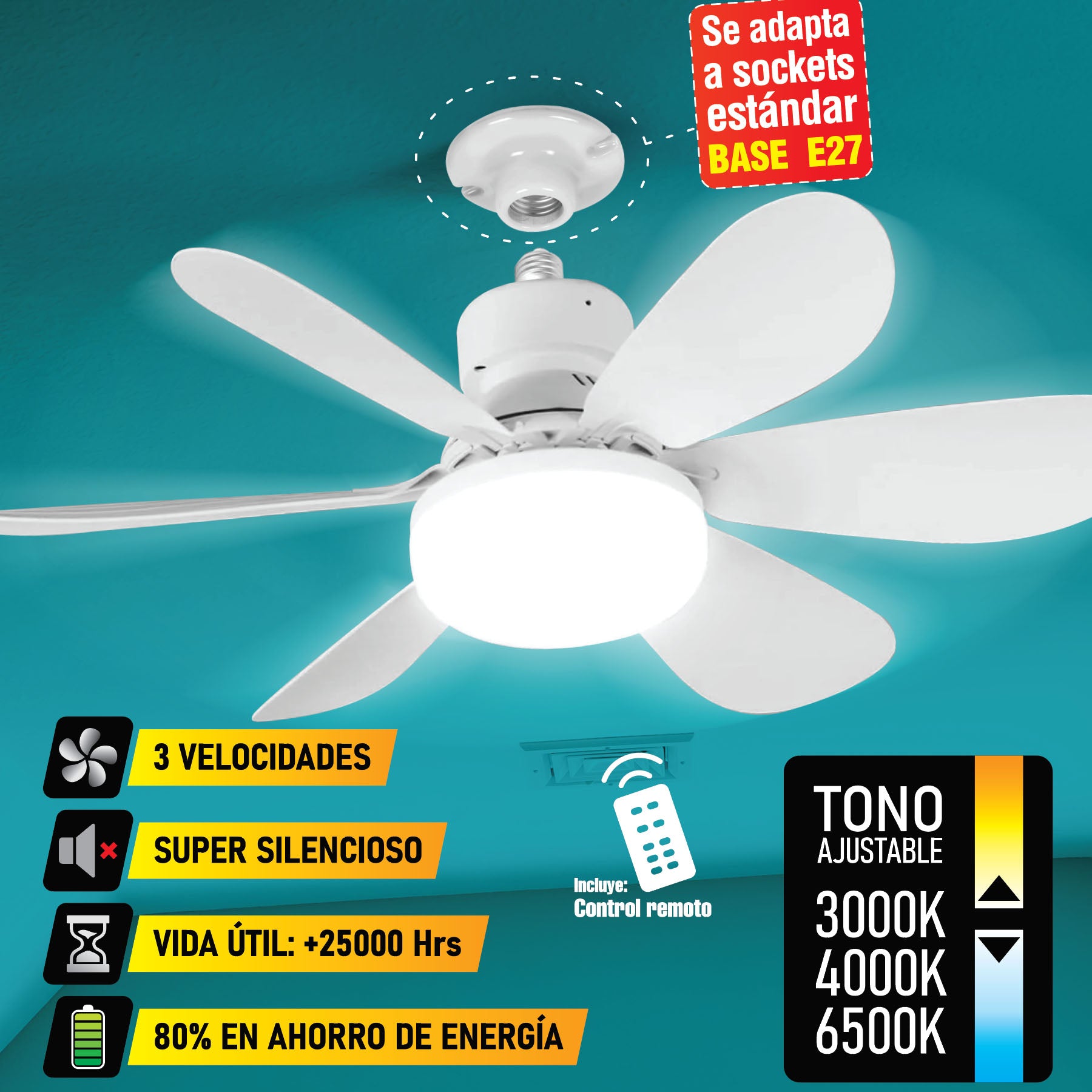 Abanico De Techo 20" Socket E27 Con Luz Led Tono Ajustable 3000/4000/6